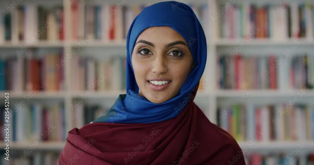 portrait happy young muslim woman smiling enjoying successful education ...