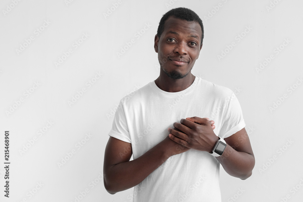 Kind hearted friendly nice black guy shows kindness. Portrait of ...