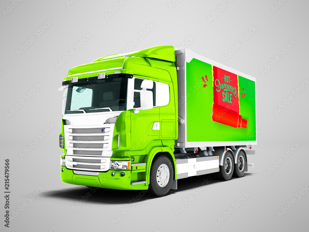 Modern green truck with trailer with white insets for carrying cargo in ...