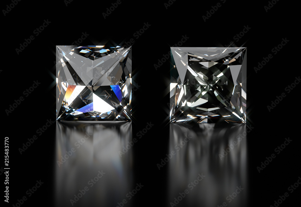 Realistic Princess Cut Square Shape Diamond in top view and backside ...
