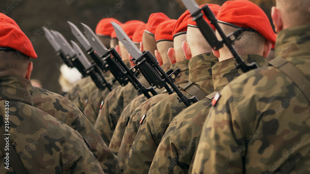 soldiers in red berets with guns stand with their backs to the camera ...