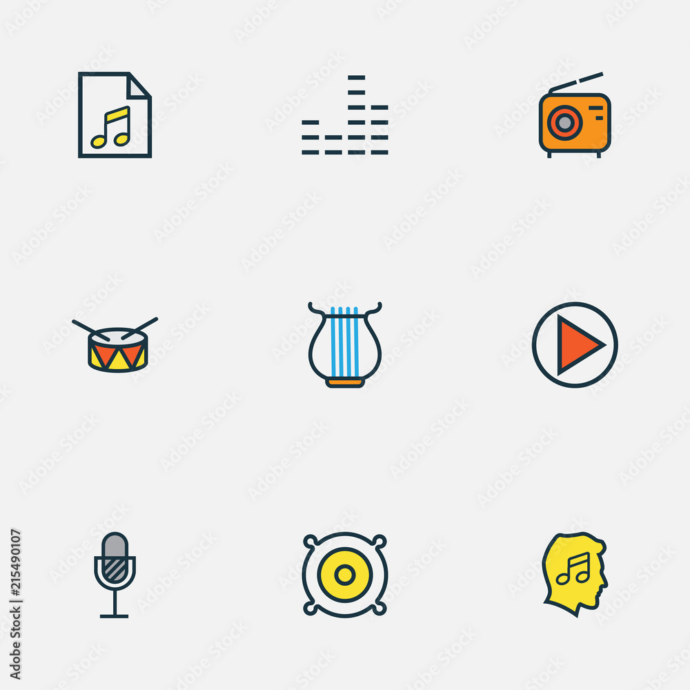 Music icons colored line set with drum, start, strings and other lover ...