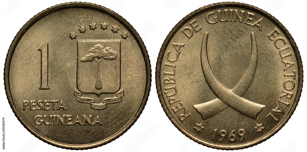 Guinea Guinean coin 1 one peseta 1969, shield with tree divides stars ...