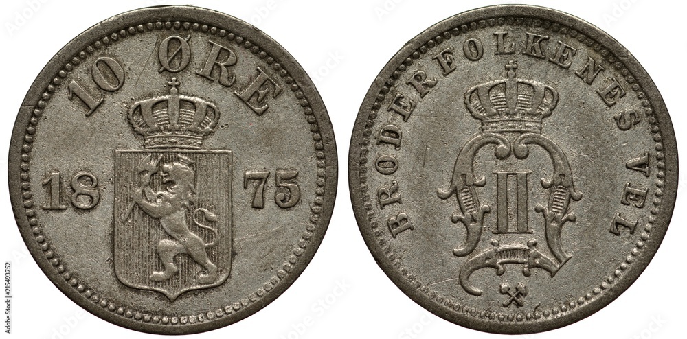 Norway Norwegian silver coin 10 ten ore 1875, crowned shield with lion ...