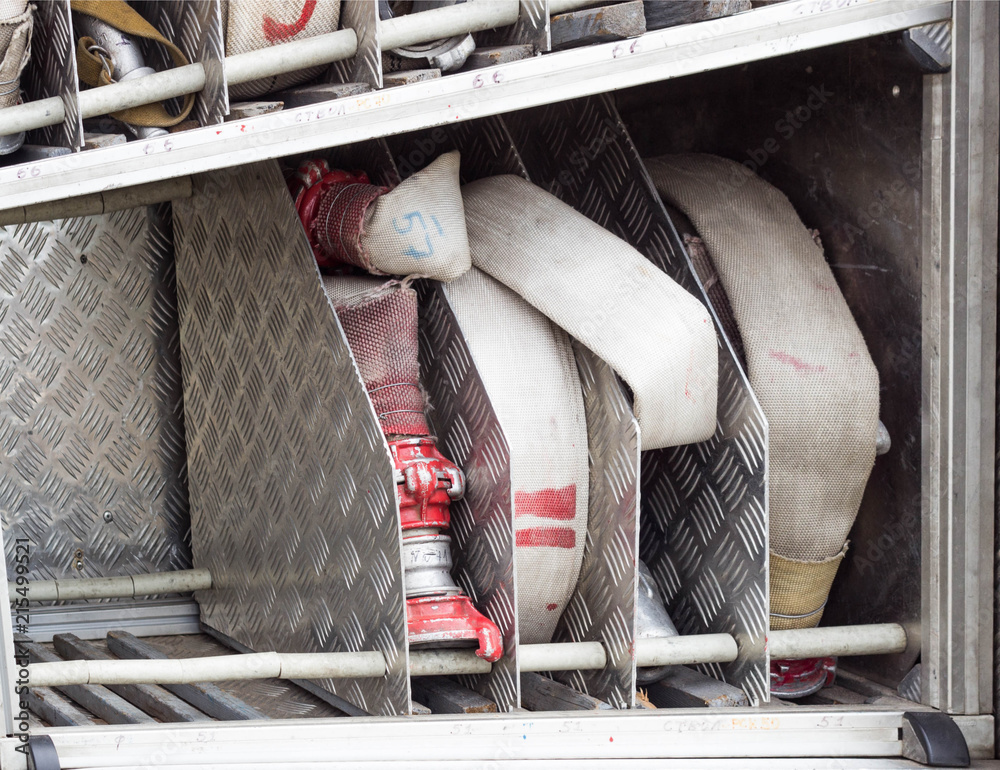 Firefighting hoses fire fighting equipment, close-up, emergency ...