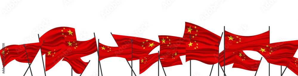 Cheering crowd with China national flags. The flag of China. Stock ...