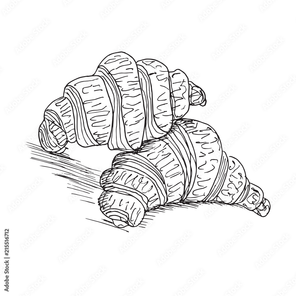 Croissants, hand drawn doodle, sketch, outline black and white vector ...