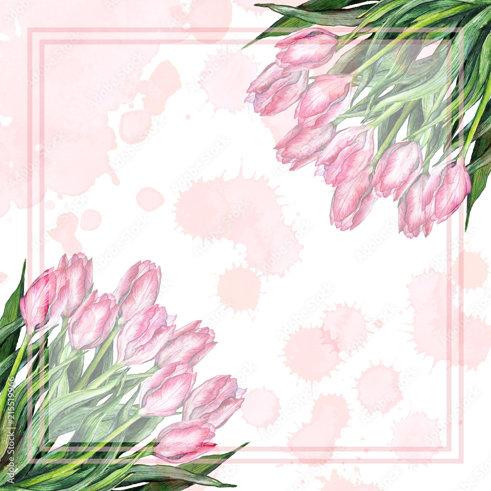 Watercolor pink tulip flower bouquet composition nature spot frame ...