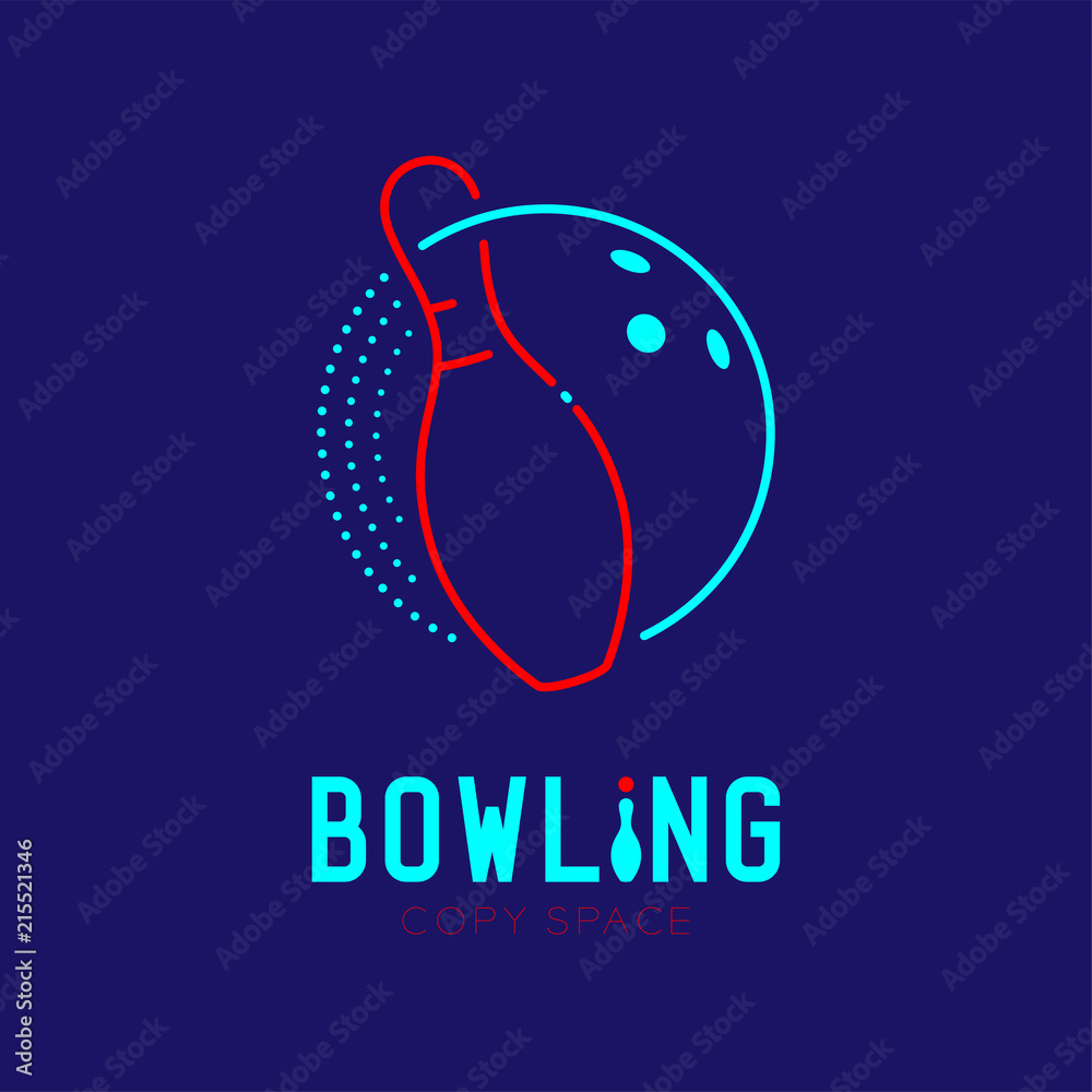 Bowling with pin logo icon outline stroke set dash line design ...
