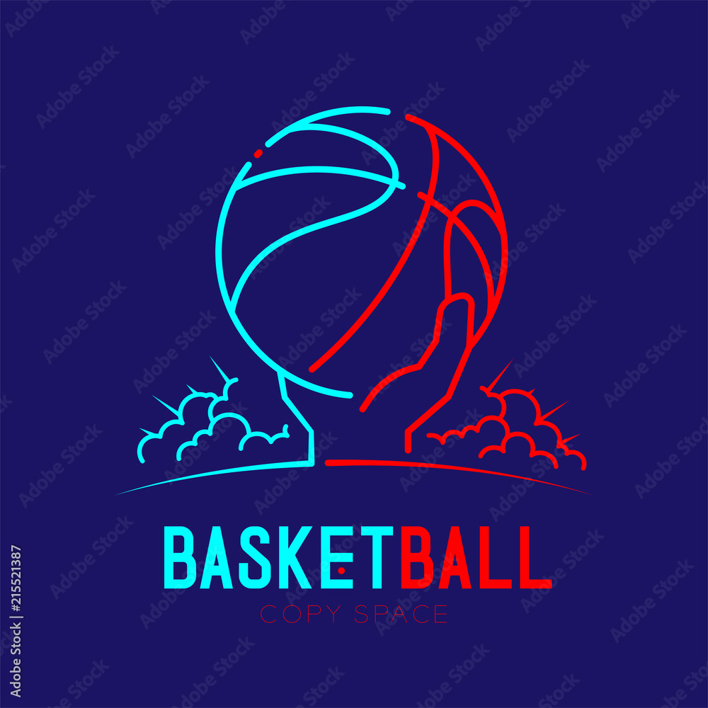 Hand holding Basketball with cloud radius logo icon outline stroke set ...