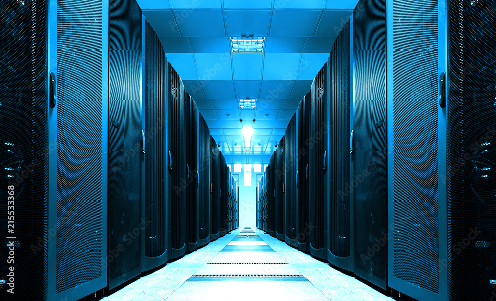 Inside the long server room tunnel with bright Stock Photo | Adobe Stock