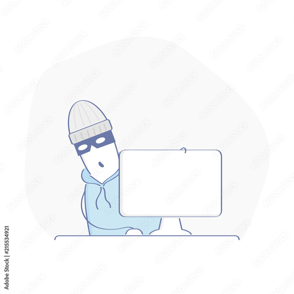 The robber, burglar, hacker, bandit in the mask near computer screen ...