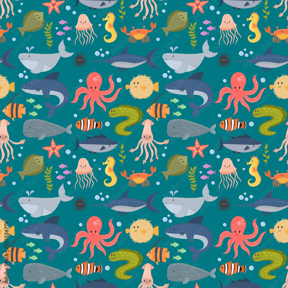 Sea animals vector creatures characters cartoon ocean wildlife marine ...