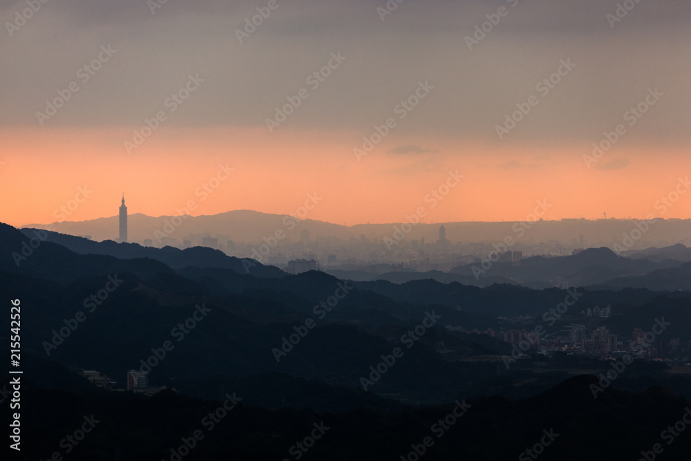Taipei Taiwan city silhouette, sunset colors with outline of Taipei 101 ...