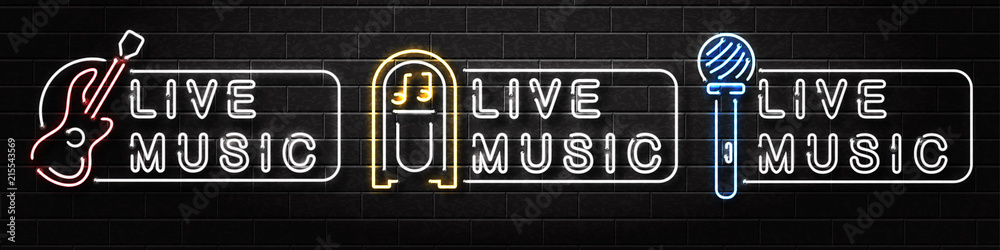 Vector set of realistic isolated neon sign of live music logo for ...