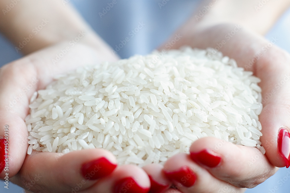 Caucasian female model pouring white rice from the palm of her hands ...