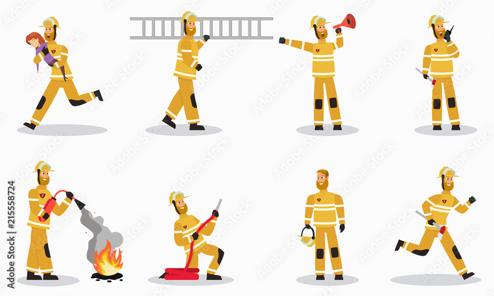 Firefighter at Work Cartoon Vector Characters Set Stock Vector | Adobe ...