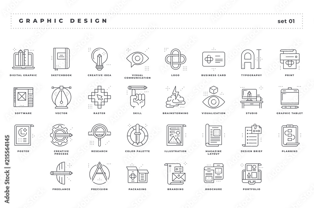 Graphic design. Set of pixel-perfect icons. Thin line style. Variety of ...