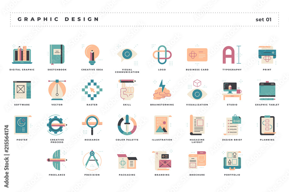 Graphic design. Set of pixel-perfect icons. Flat color style. Variety ...