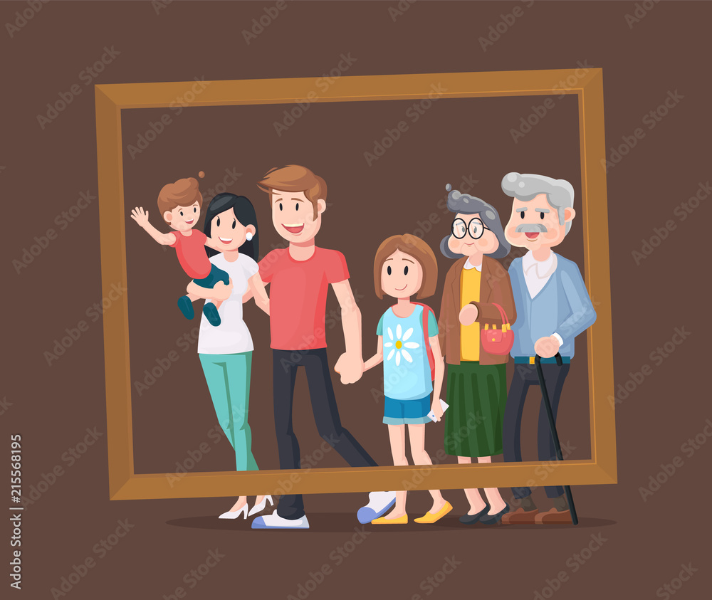 Family portrait flat design. Photo for the memory of the whole family ...