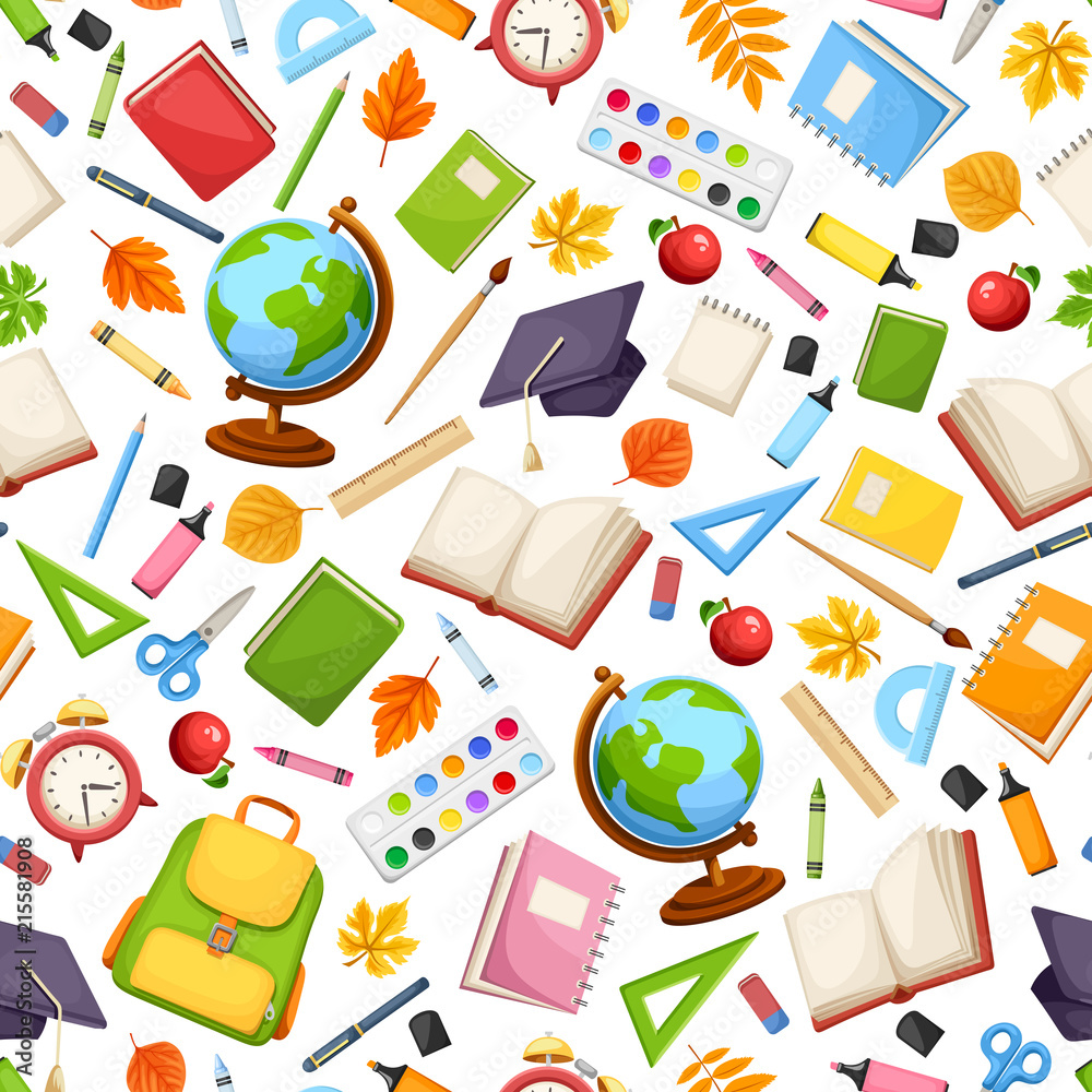 Vector seamless pattern with various school supplies on a white ...