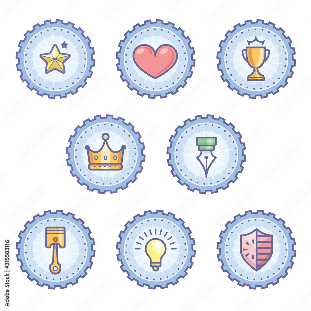 Colourful Achievement Badges with outline gear. Achievement badges for ...