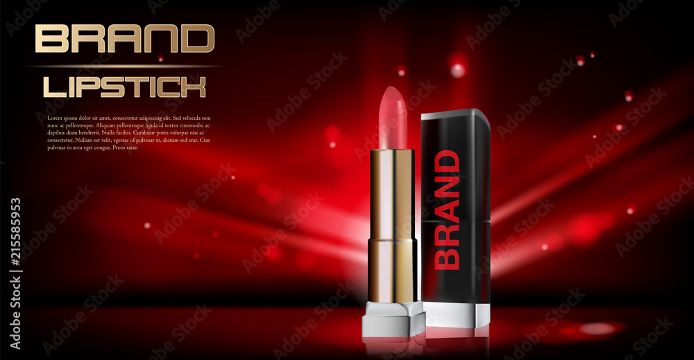 cosmetic red lipstick ads with red background and golden powder ...