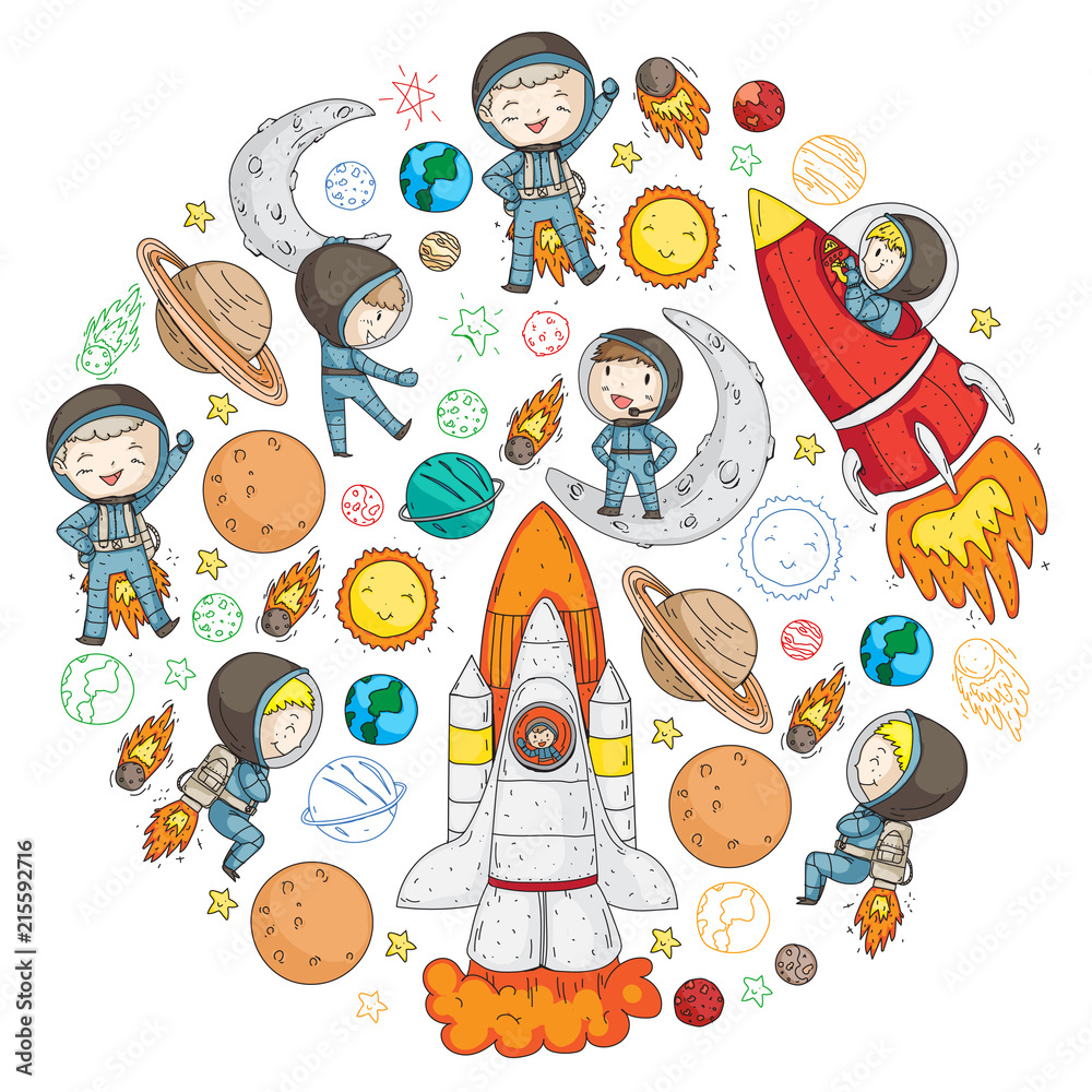 Space for children. Kids and cosmos exploration. Adventures, planets ...