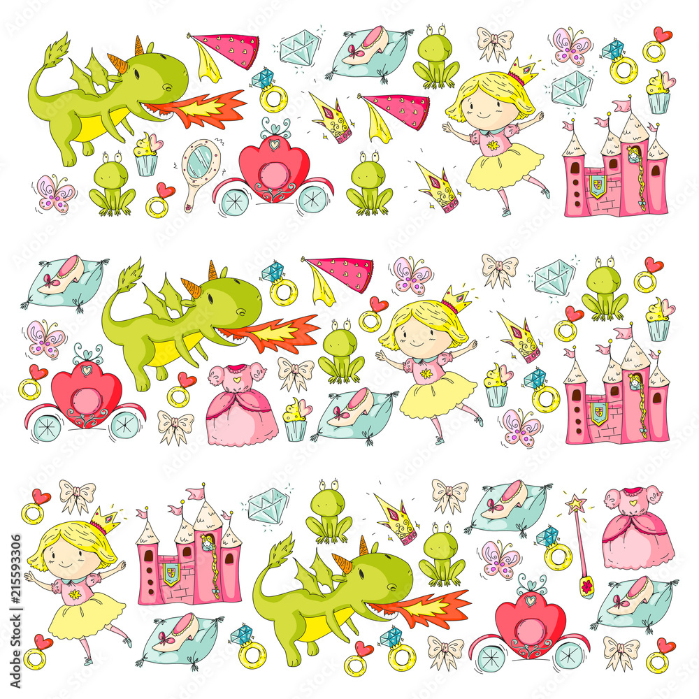 Princess vector patterns. Cute little princess with unicorn and dragon ...