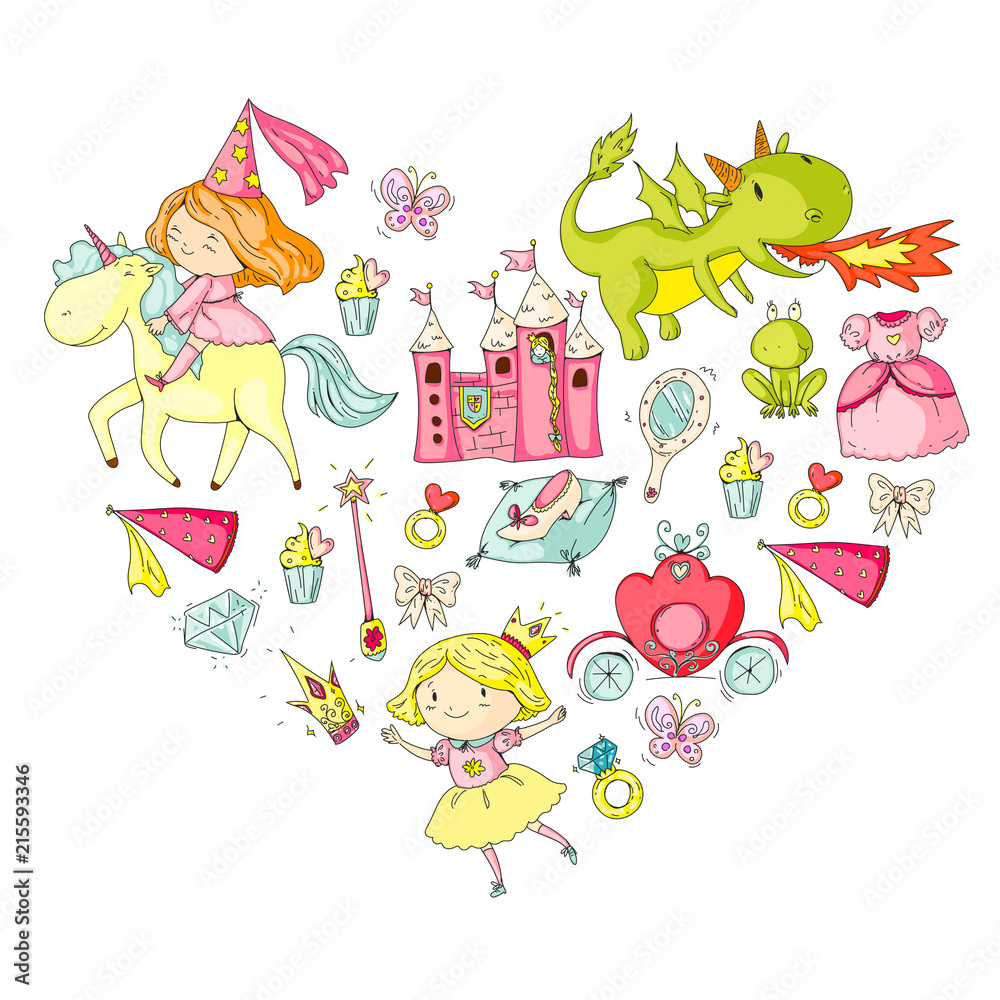 Princess vector patterns. Cute little princess with unicorn and dragon ...