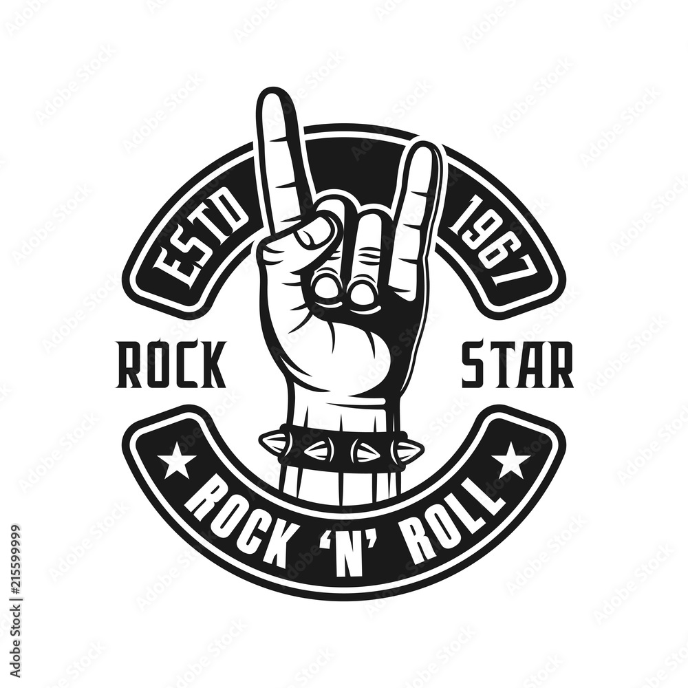 Rock music vector emblem with horns hand gesture Stock Vector | Adobe Stock