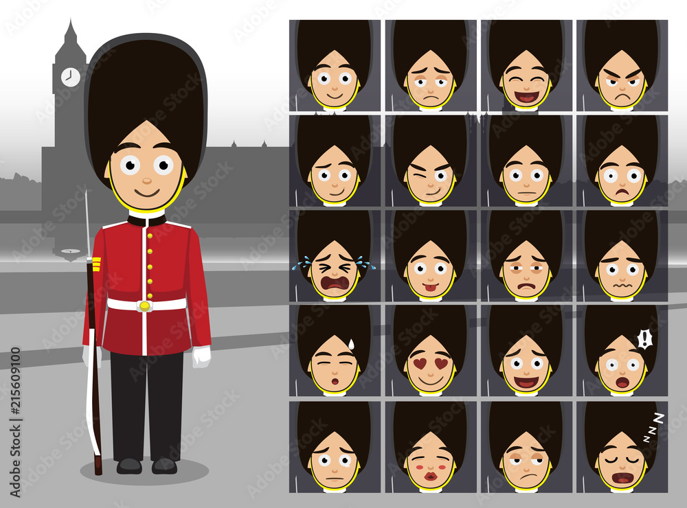 English Traditional Guard Costume Cartoon Emotion faces Vector ...
