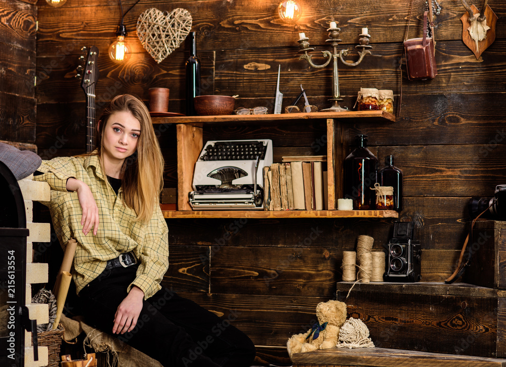 Tomboy concept. Girl tomboy spend time in house of gamekeeper. Girl in ...