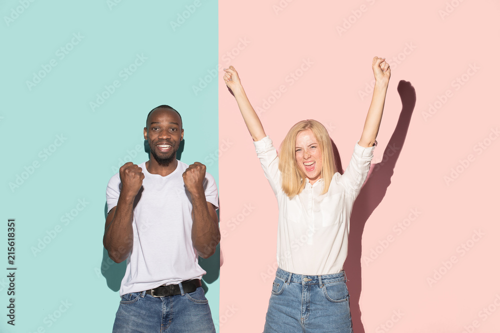 We won. Winning success happy afro man and woman celebrating being a ...