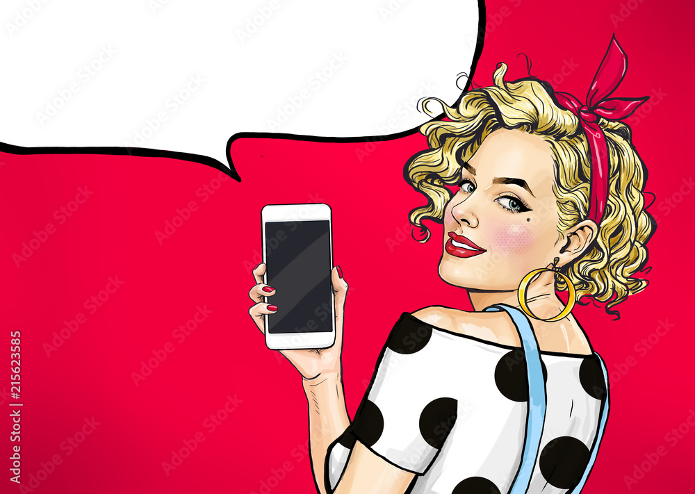 Attractive sexy girl in with phone in the hand in comic style. Woman ...