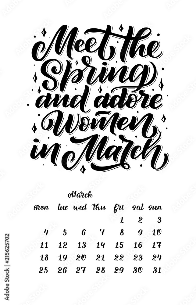Vector calendar for month 2 0 1 9. Hand drawn lettering quotes for ...