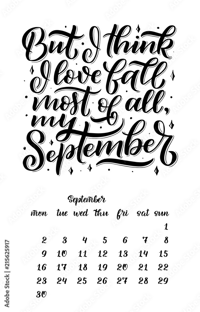 Vector calendar for month 2 0 1 9. Hand drawn lettering quotes for ...