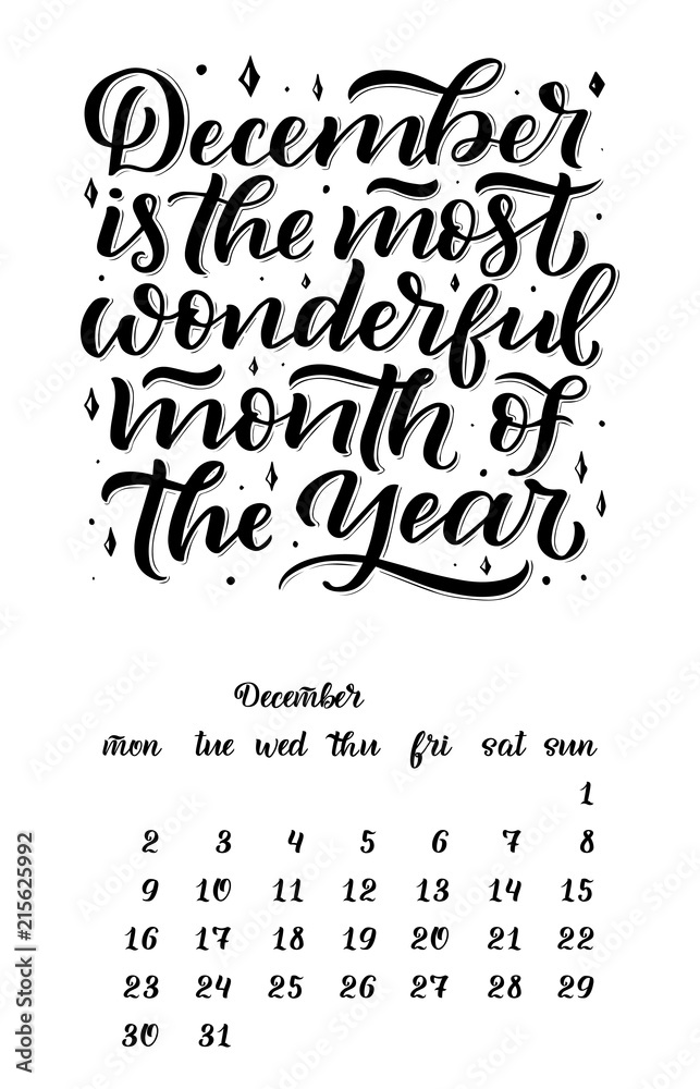 Vector calendar for month 2 0 1 9. Hand drawn lettering quotes for ...