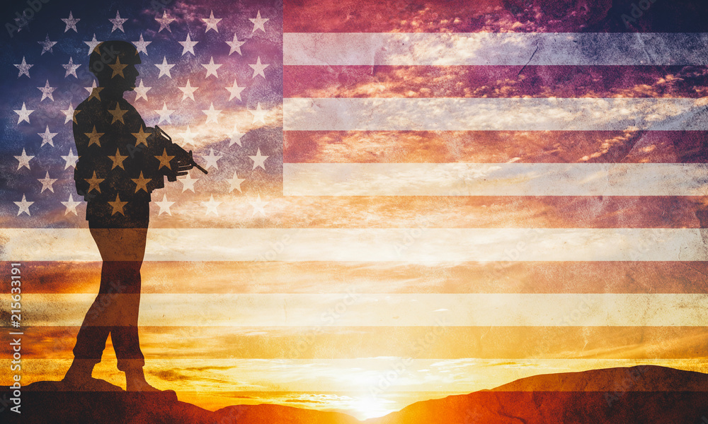 Armed soldier with rifle and USA flag. Guard, army, military, war ...