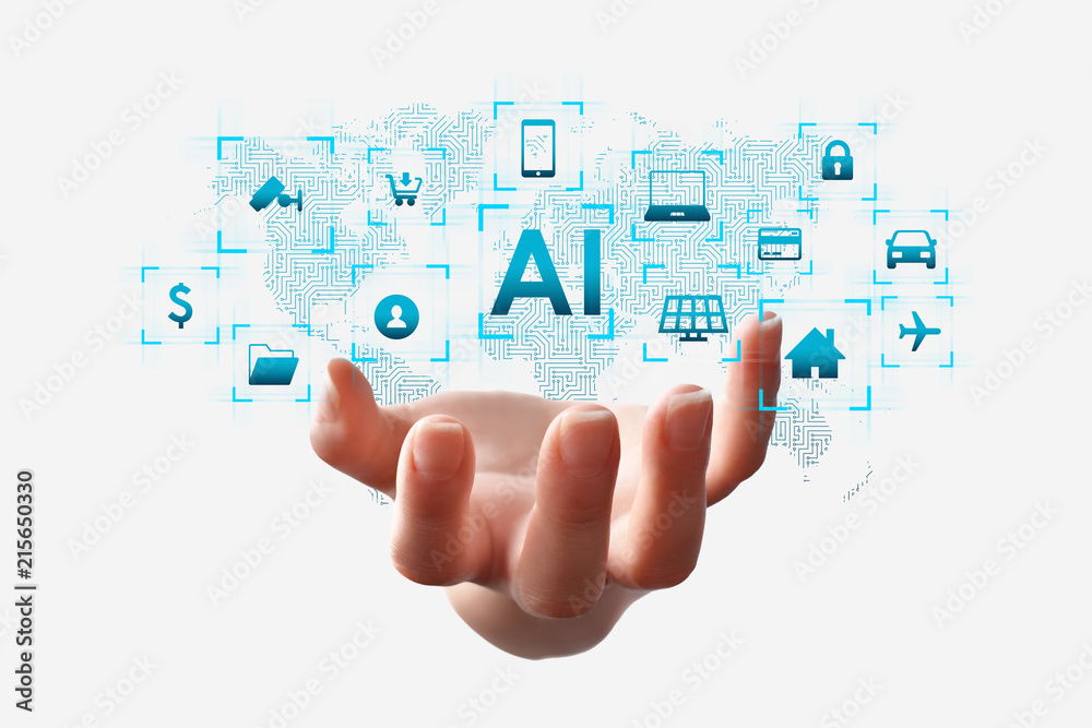 Artificial intelligence concept (AI), hand holding AI text logo ...