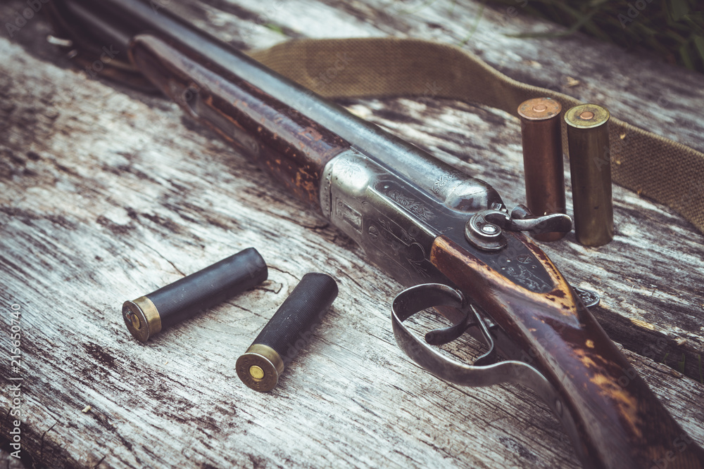 double-barrel rifle with cartridges Stock Photo | Adobe Stock