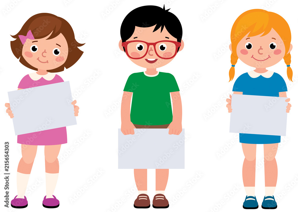 Group of children holding a blank sign white paper on a white ...