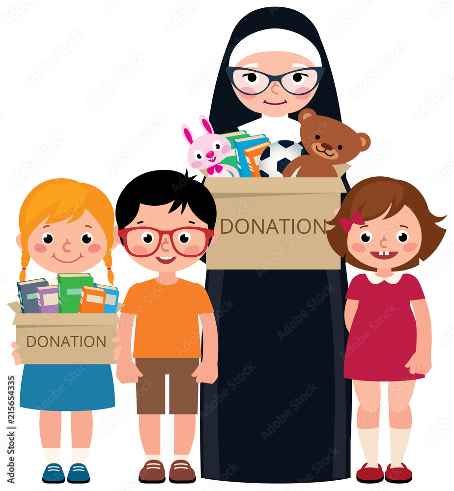 Senior Catholic nun and a group of children. Volunteers are engaged in ...