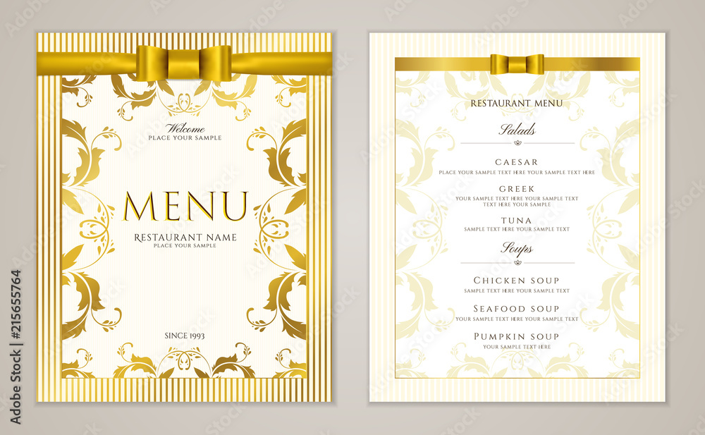 Design Restaurant Menu template with gold floral border frame (stripy ...