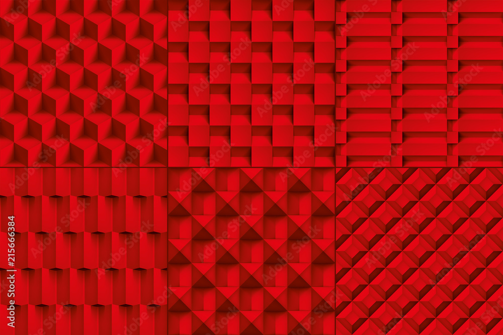 Six Volume realistic vector cubes textures set, red geometric patterns ...