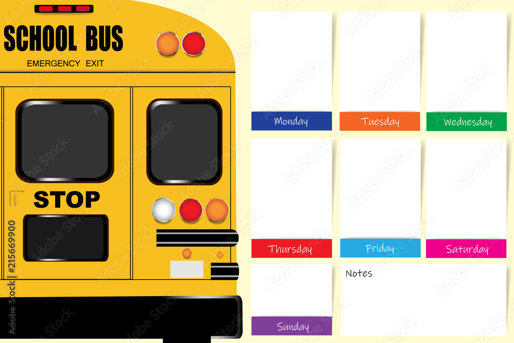 My week planner with a part of school bus contains white charts for ...