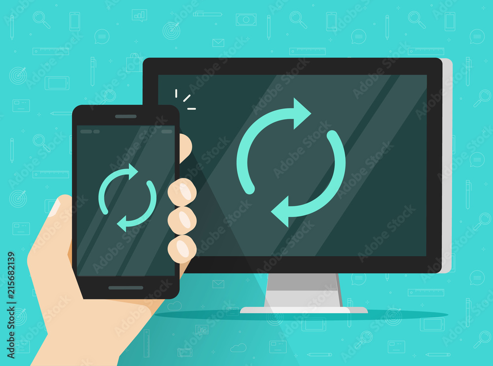 Synchronization of smartphone and computer vector illustration, flat ...