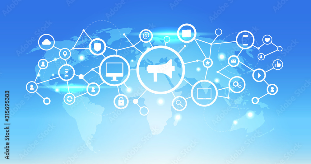 world map futuristic interface social media network icon loudspeaker ...