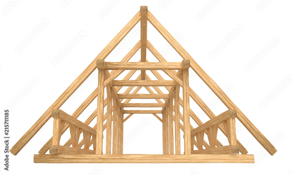 3D render of fresh new wood roof construction. Isolated on white ...