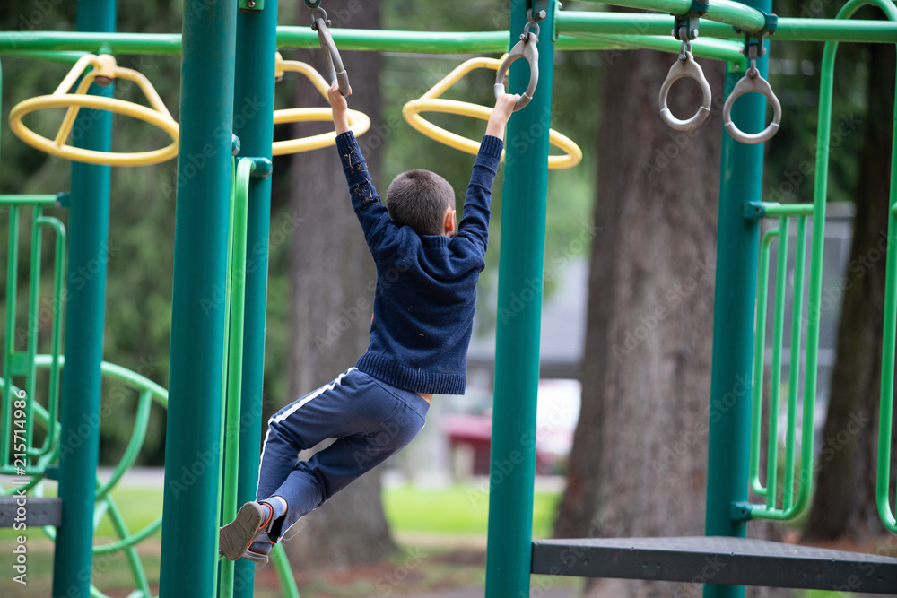 Boy child on monkey bars in the park playground. Stock Photo | Adobe Stock